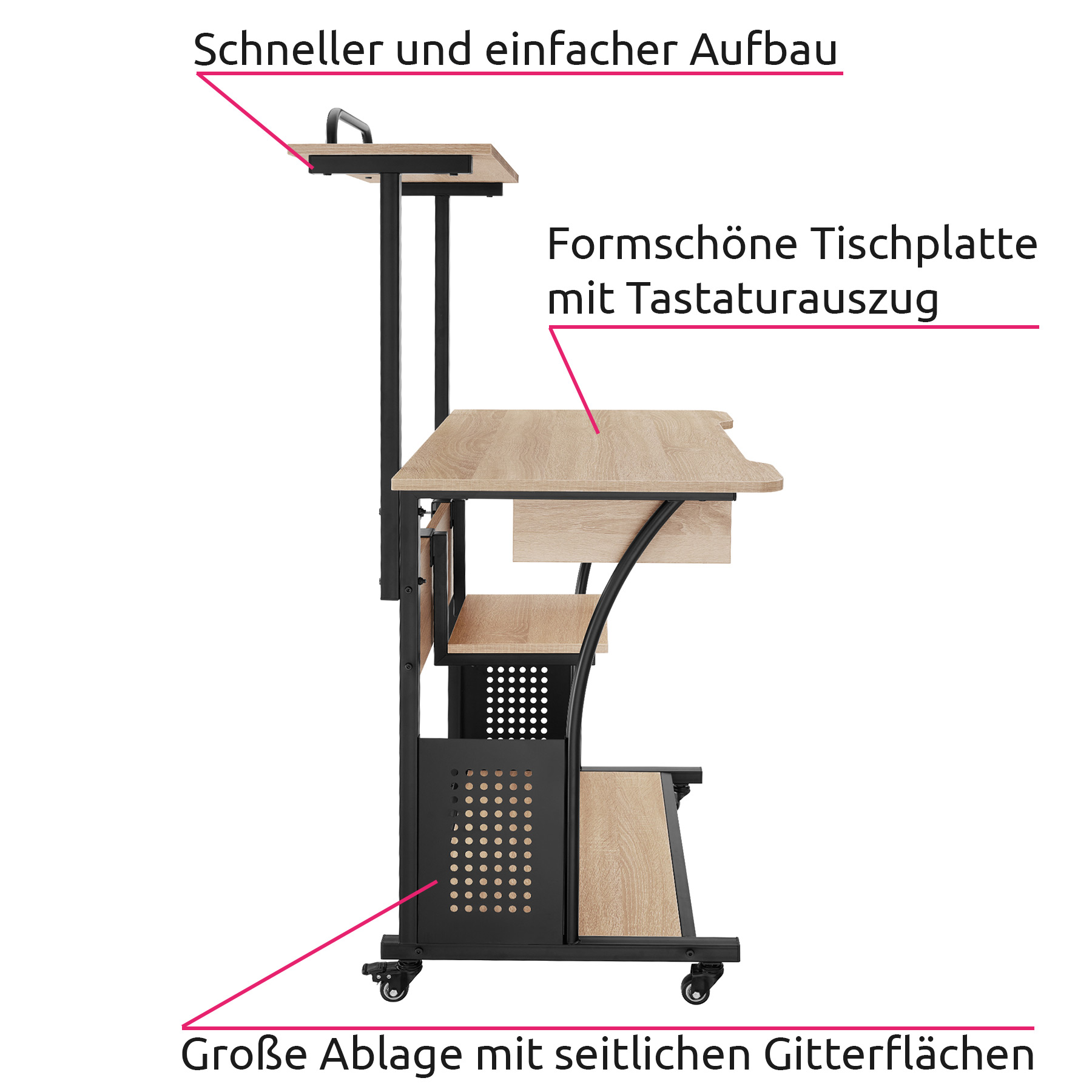 Schreibtisch Computertisch Bürotisch PC Tisch mit Rollen Holz + Metall ...